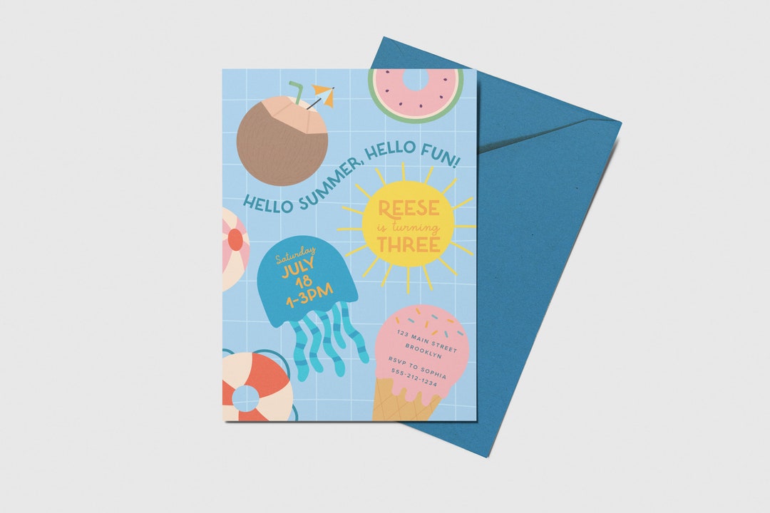 Hello Summer, Hello Fun Birthday Party Invitation, Summer Celebration ...