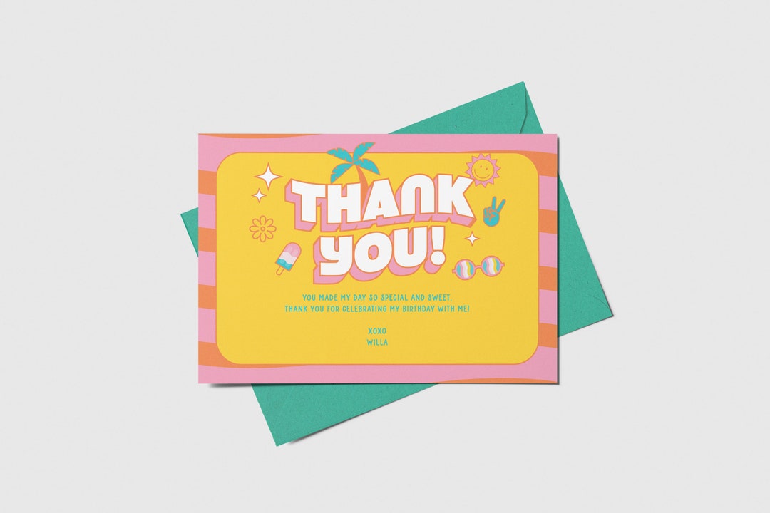 Summer Vibes Birthday Thank You Card, Summer Celebration, Retro, Summer ...