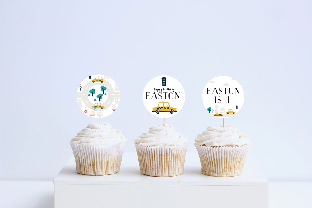 Taxi Birthday Party Cupcake Toppers, Stickers, Taxi Cab, Hail a Cab ...