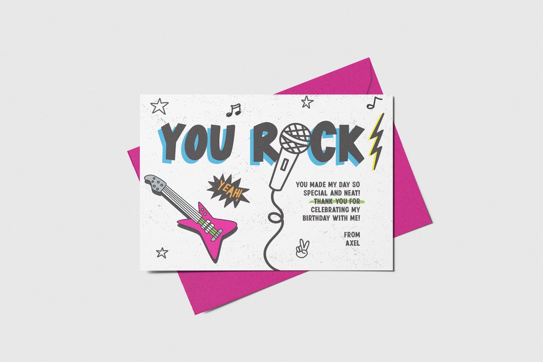 Lets Rock Birthday Party Thank You Card, Rock N Roll, Printable ...