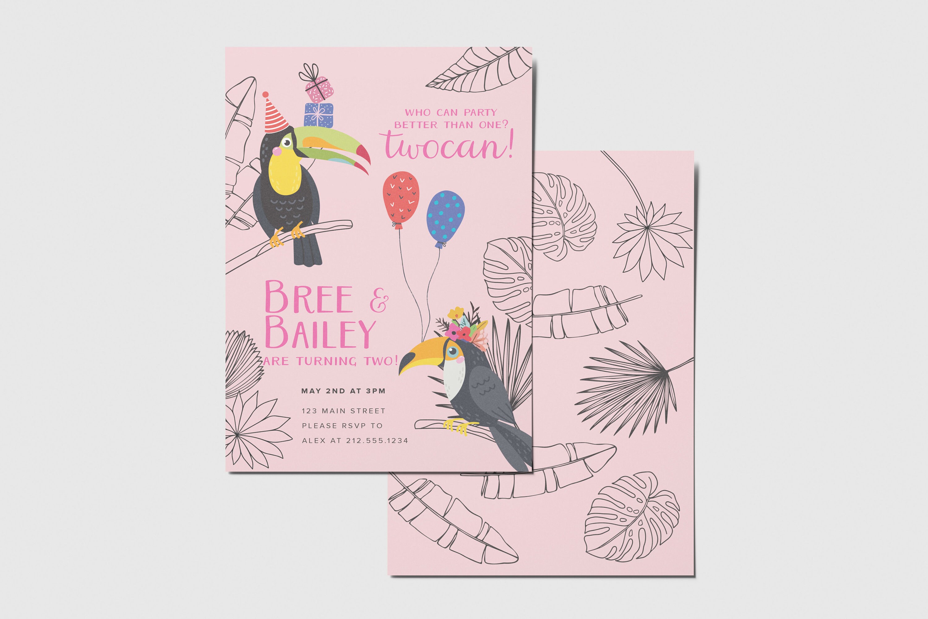 Toucan Joint Birthday Party Invitation, 2nd Birthday, Twocan, Tropical ...