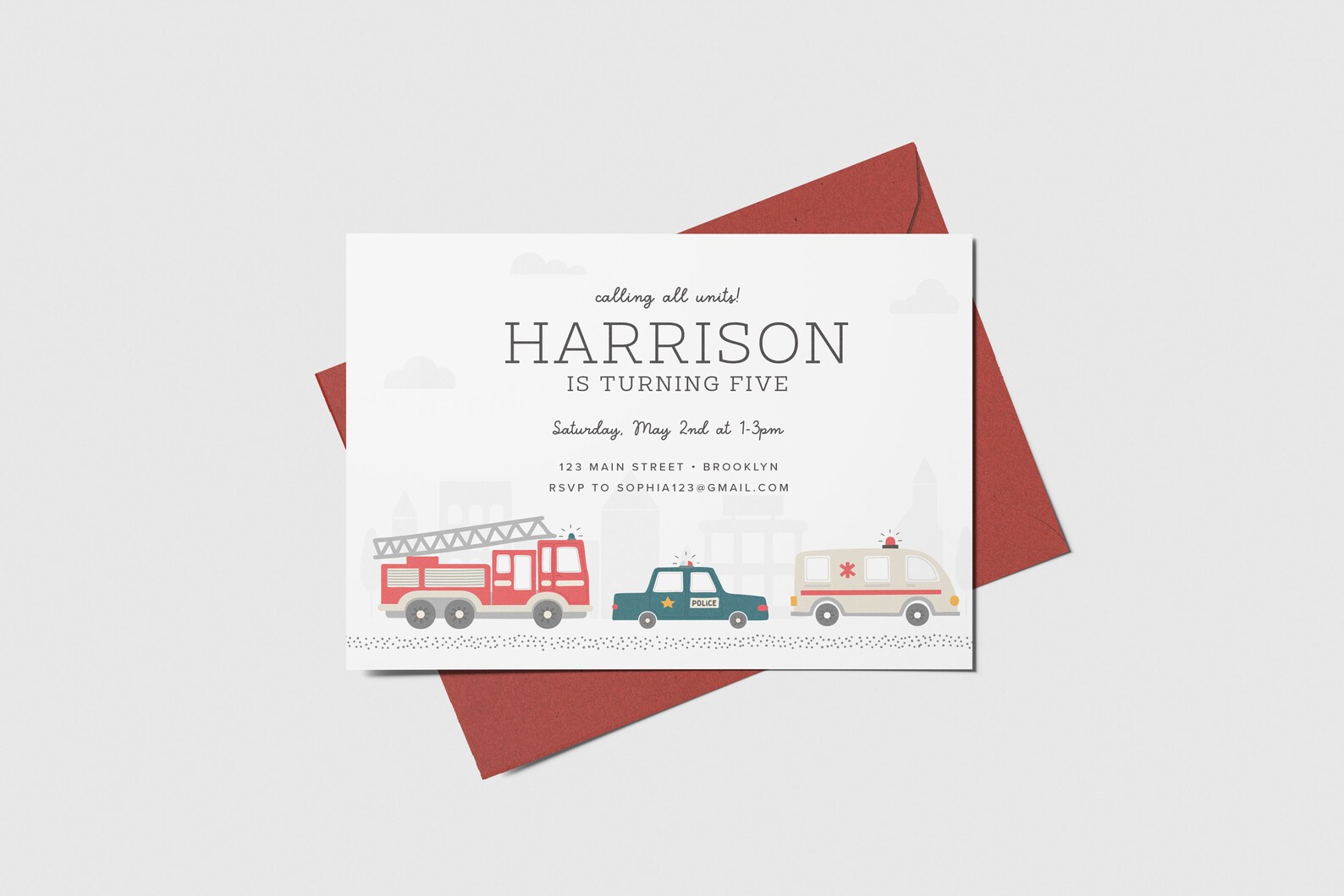 Emergency Vehicles Birthday Invitation: Fire Truck, Police Car ...