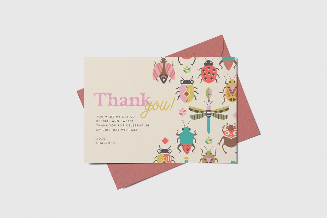 Insects Party Thank You Card, Butterfly, Ladybug, Butterfly Birthday ...