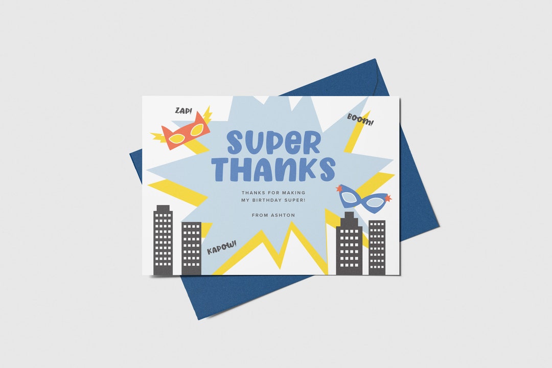 Superhero Birthday Thank You Card, Superheroes Party, Superhero Theme ...