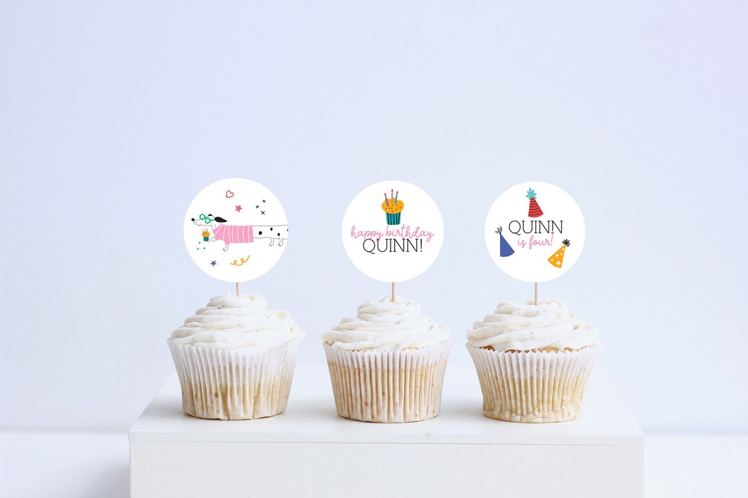 Dog Birthday Party Cupcake Toppers, Stickers, Puppy Party, Printable ...