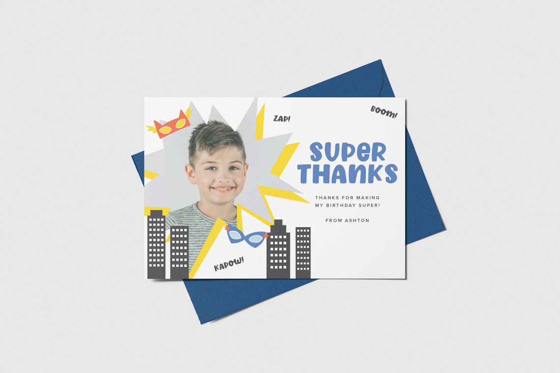 Superhero Birthday Thank You Card, Superheroes Party, Superhero Theme ...