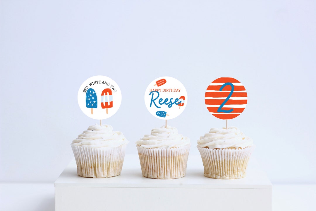 Red White and Two Birthday Party Cupcake Toppers, Stickers, 4th of July ...