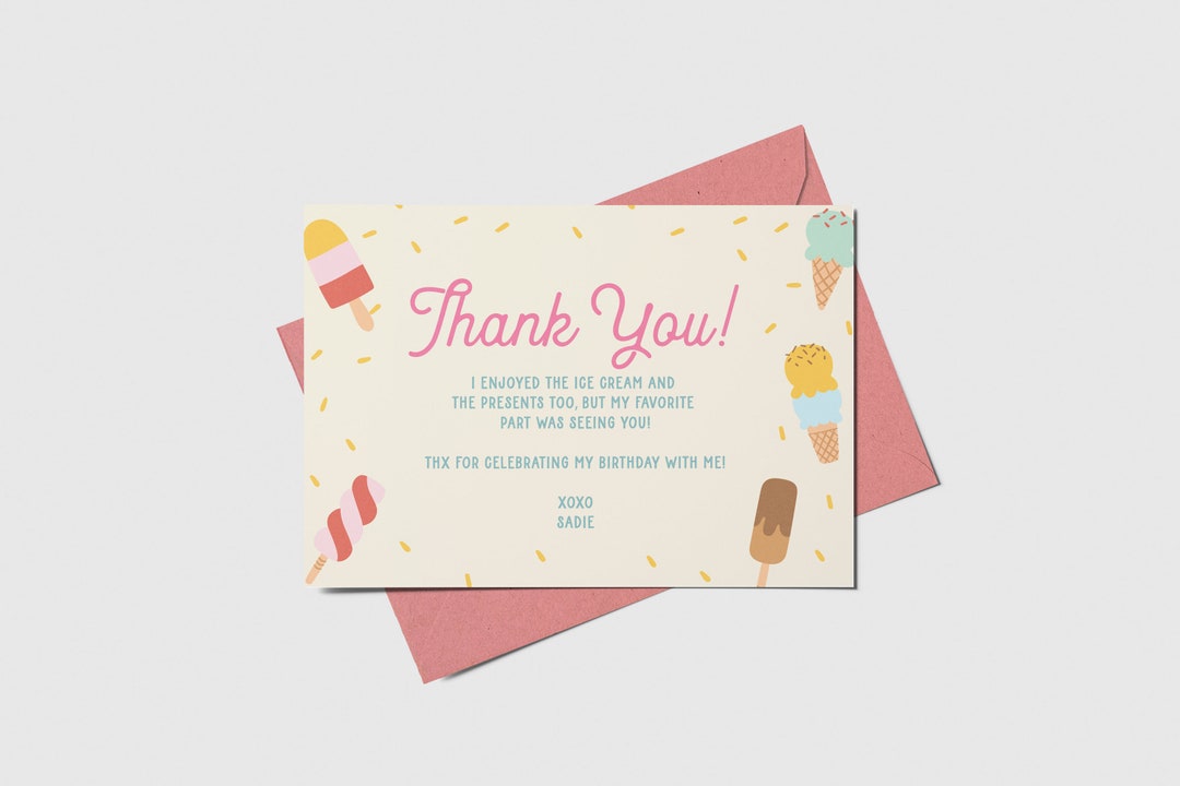 Buy Ice Cream Party Thank You Card, Popsicle, Ice Cream Party Theme ...