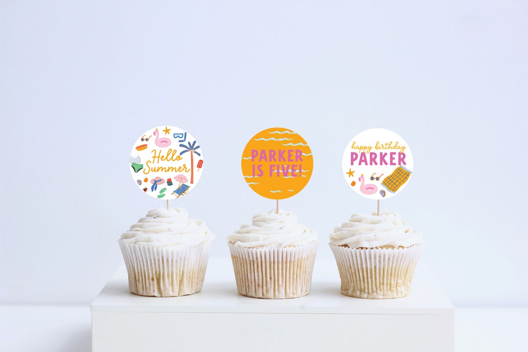 Hello Summer Cupcake Toppers, Stickers, Party Decor, Summer Celebration ...