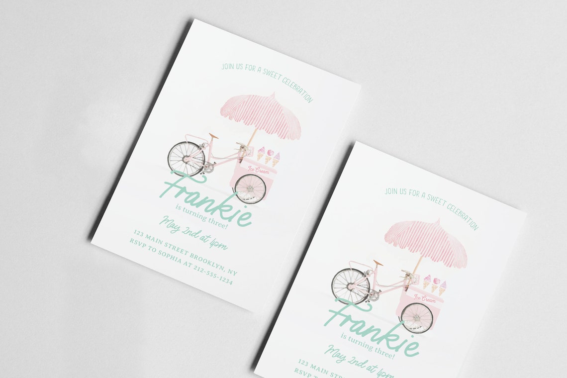 Ice Cream Birthday Party Invite, Vintage Ice Cream Cart, Ice Cream ...