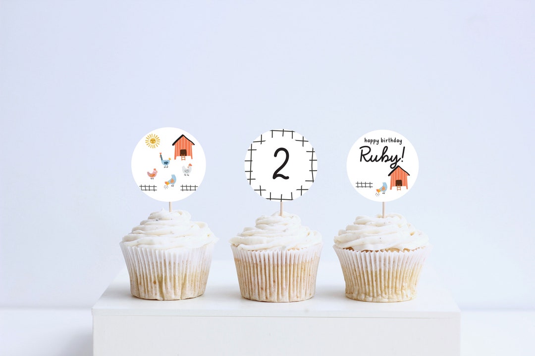 Chicken Birthday Party Cupcake Toppers, Stickers, Cock-a-doodle-doo ...