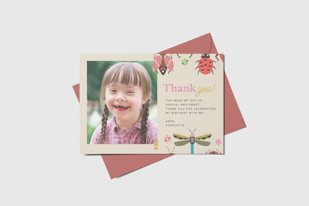 Insects Party Thank You Card With Photo, Butterfly, Ladybug, Butterfly ...