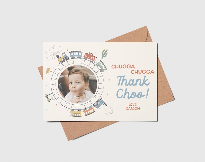 Editable Train Birthday Photo Thank You Card, Choo Choo Train Thank You ...