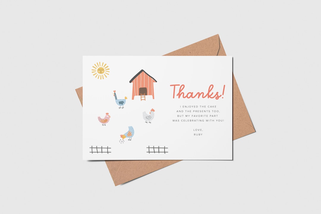 Chicken Birthday Party Thank You Card, Cluck Cluck, Cock-a-doodle-doo ...