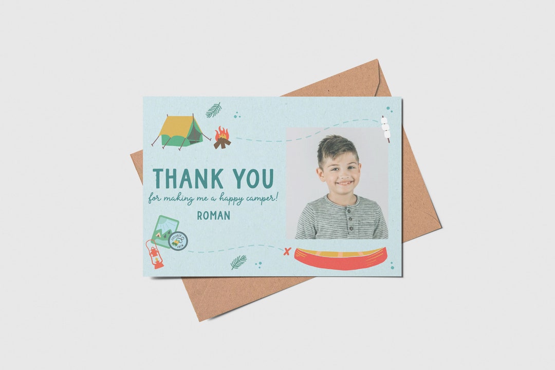 Camping Birthday Thank You Card With Photo (printable, Editable ...
