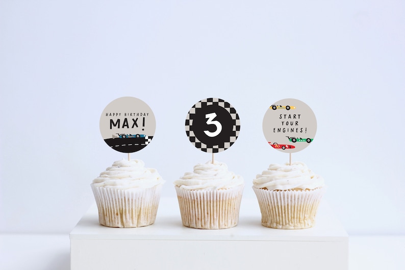 Race Car Birthday Party Cupcake Toppers, Stickers, Start Your Engines ...