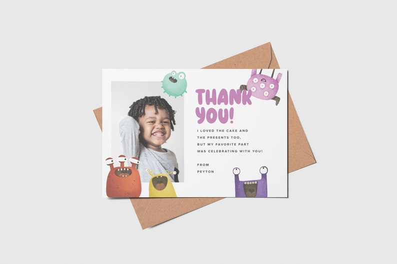 Calling All Monsters Birthday Party Thank You Card With Photo ...