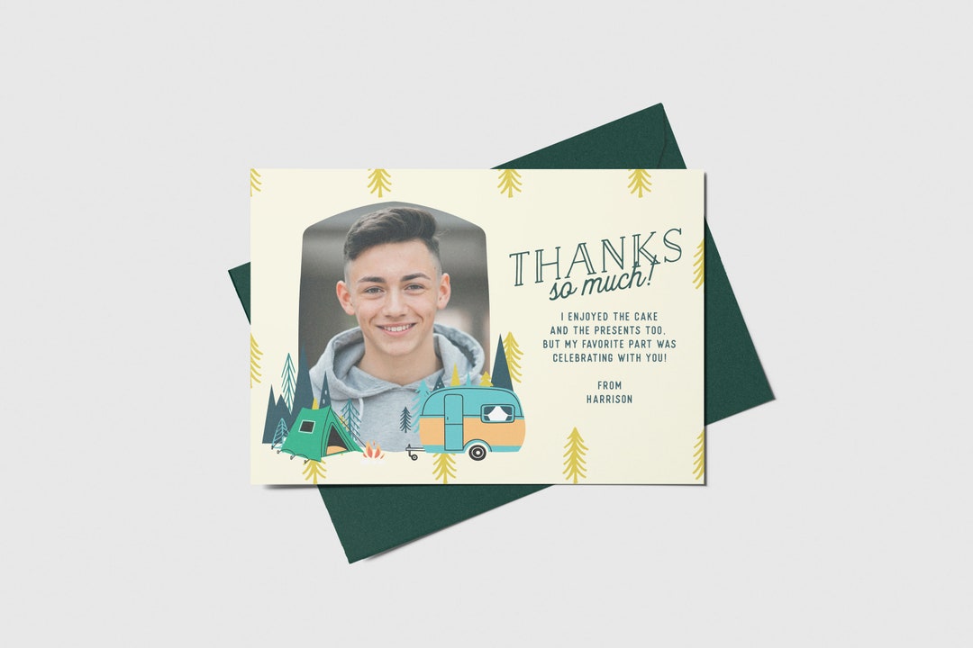 Camping Birthday Party Thank You Card With Photo, Graduation Party ...
