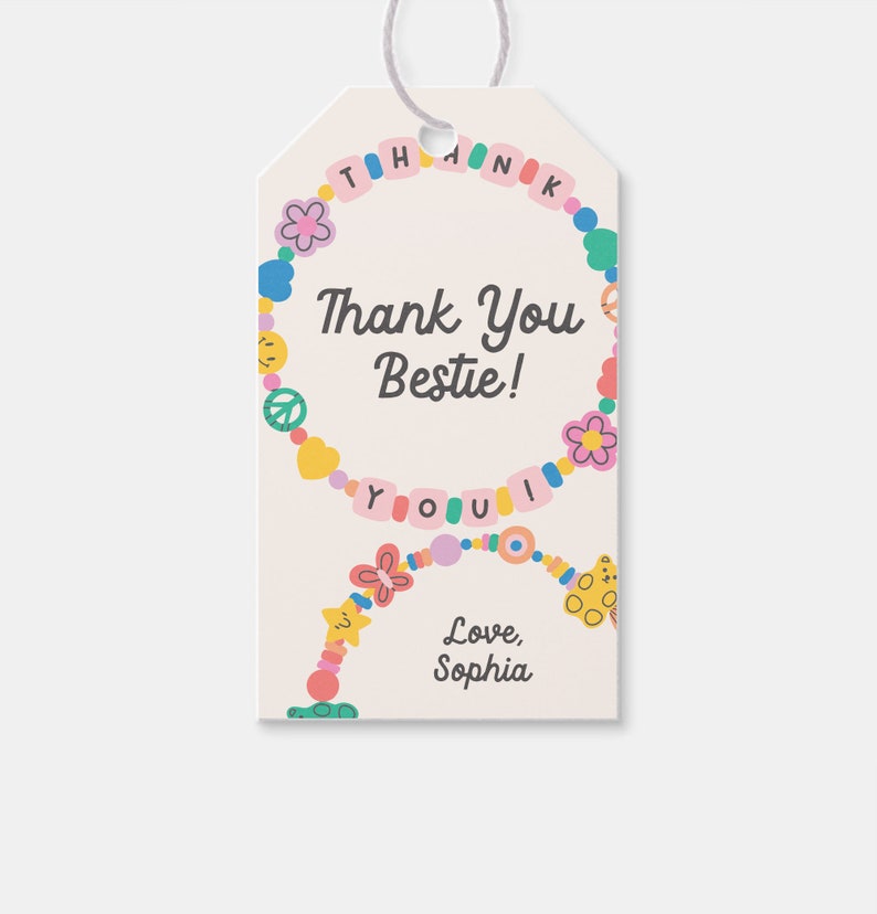 Friendship Bracelet Birthday Party Favor Tag: Tween Thank You (instant ...