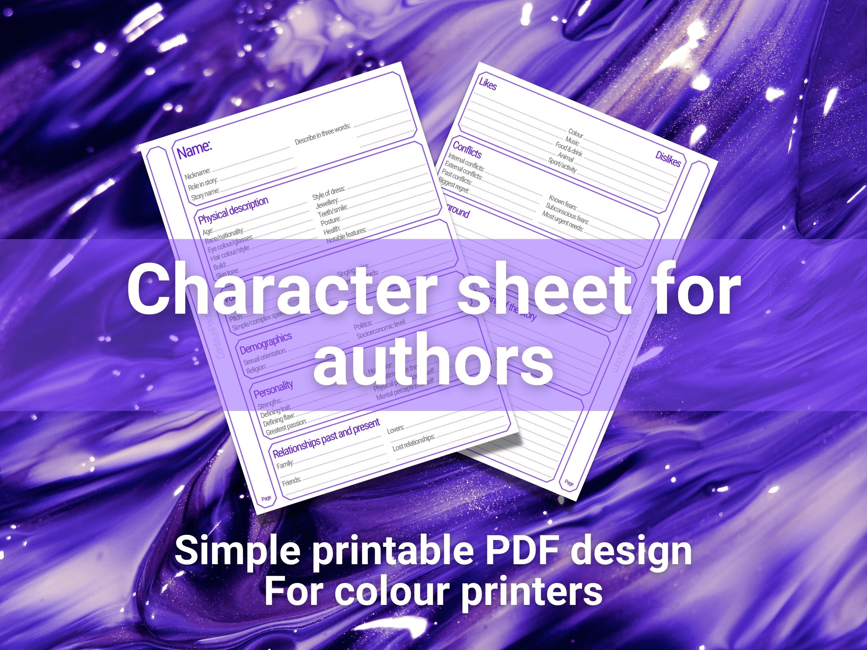 Basic Character Sheet for Authors Purple - Etsy