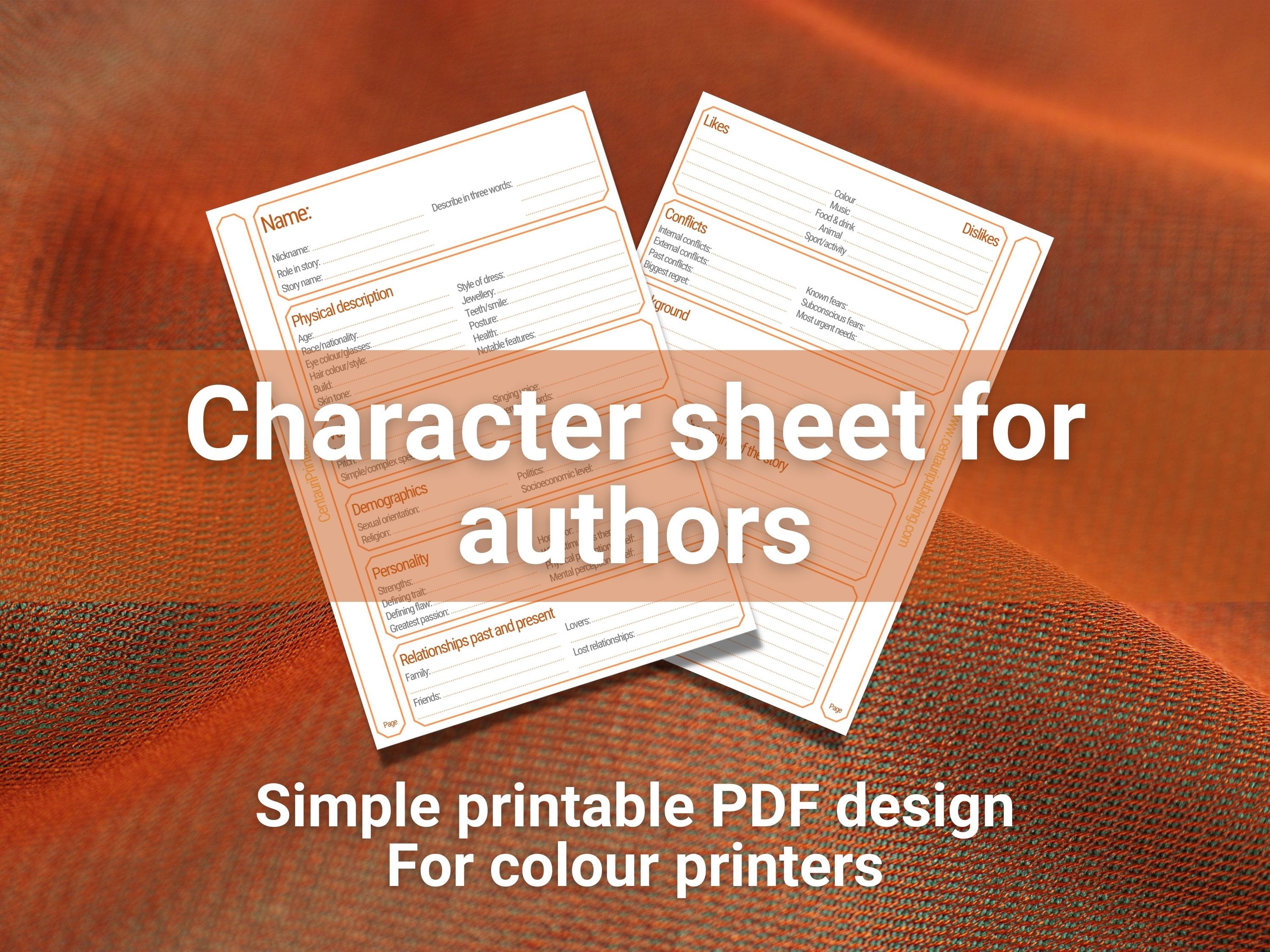 Basic Character Sheet for Authors Orange - Etsy