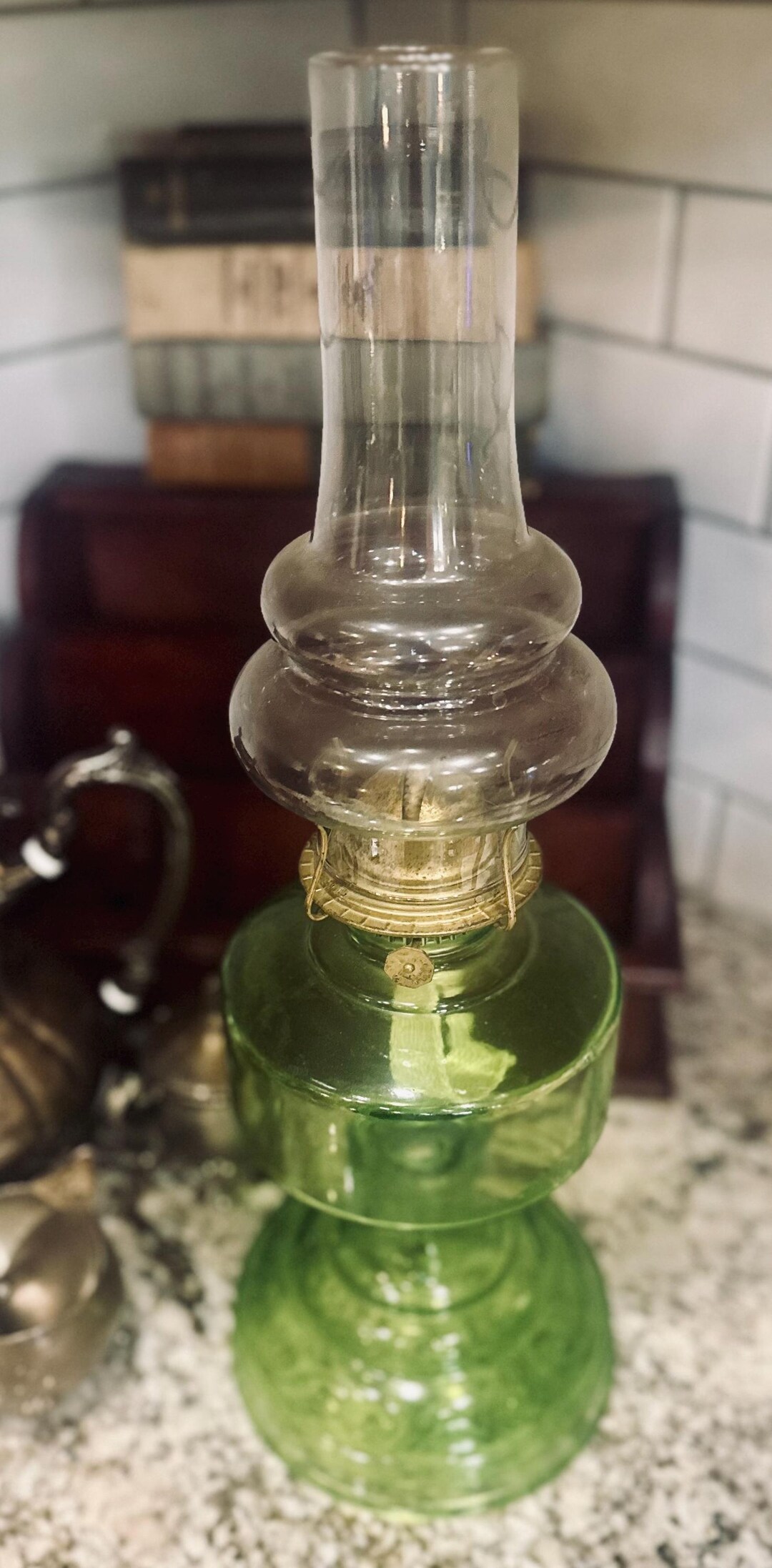 Antique Victorian Uranium Green Glass Kerosene Lamp | Thos. D. Marsh ...