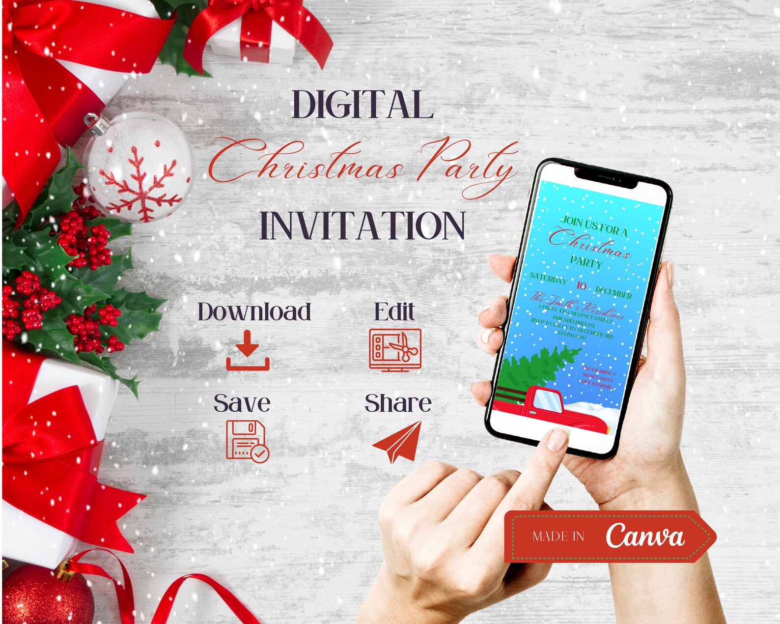 Digital Christmas Party Invitation, Christmas Party Evite, Customizable ...