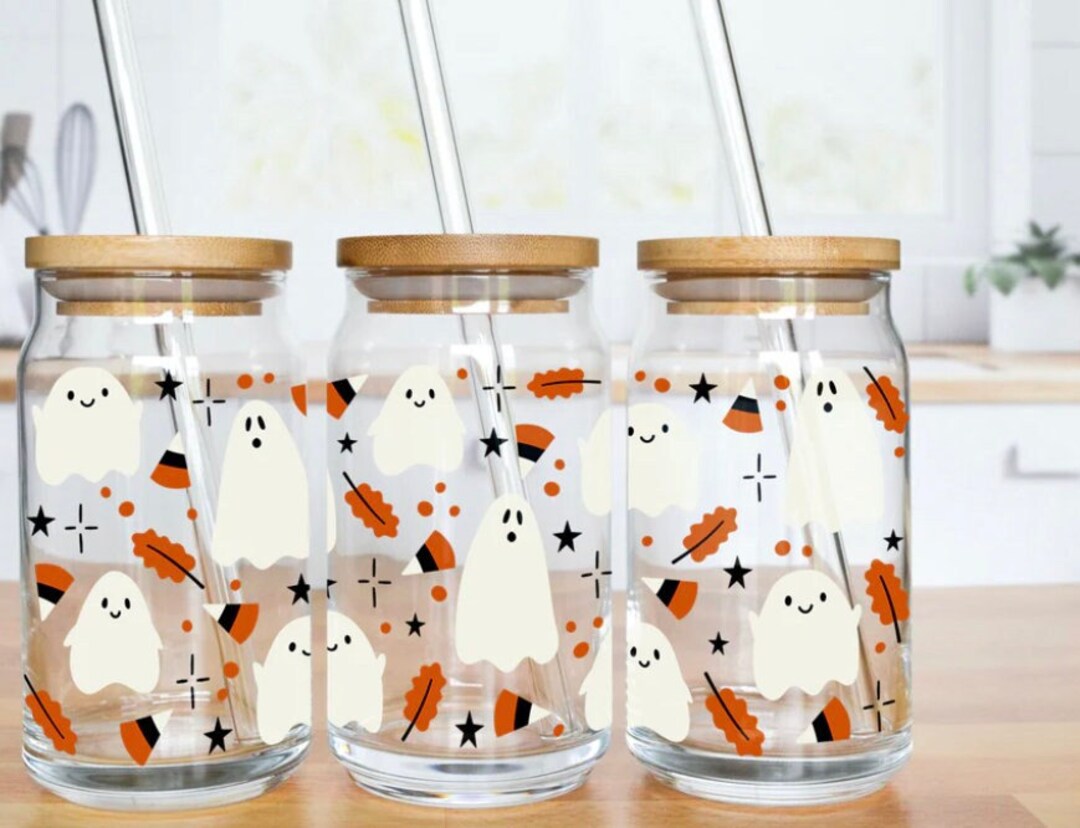 Spooky Season Iced Coffee Cup Glass Can With Lid and Straw Halloween ...