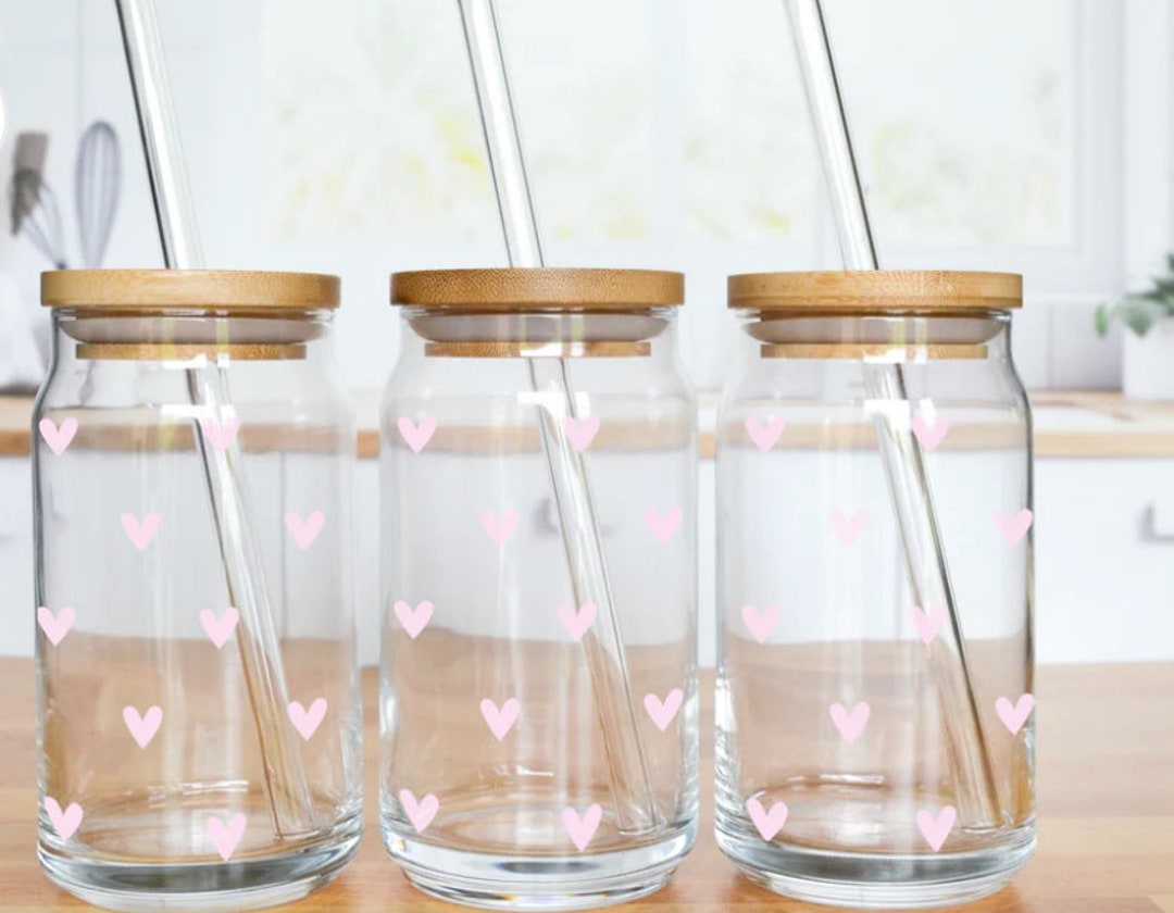 Love Hearts Glass Drinking Jar, Valentines Day Heart Mason Jar, Love ...