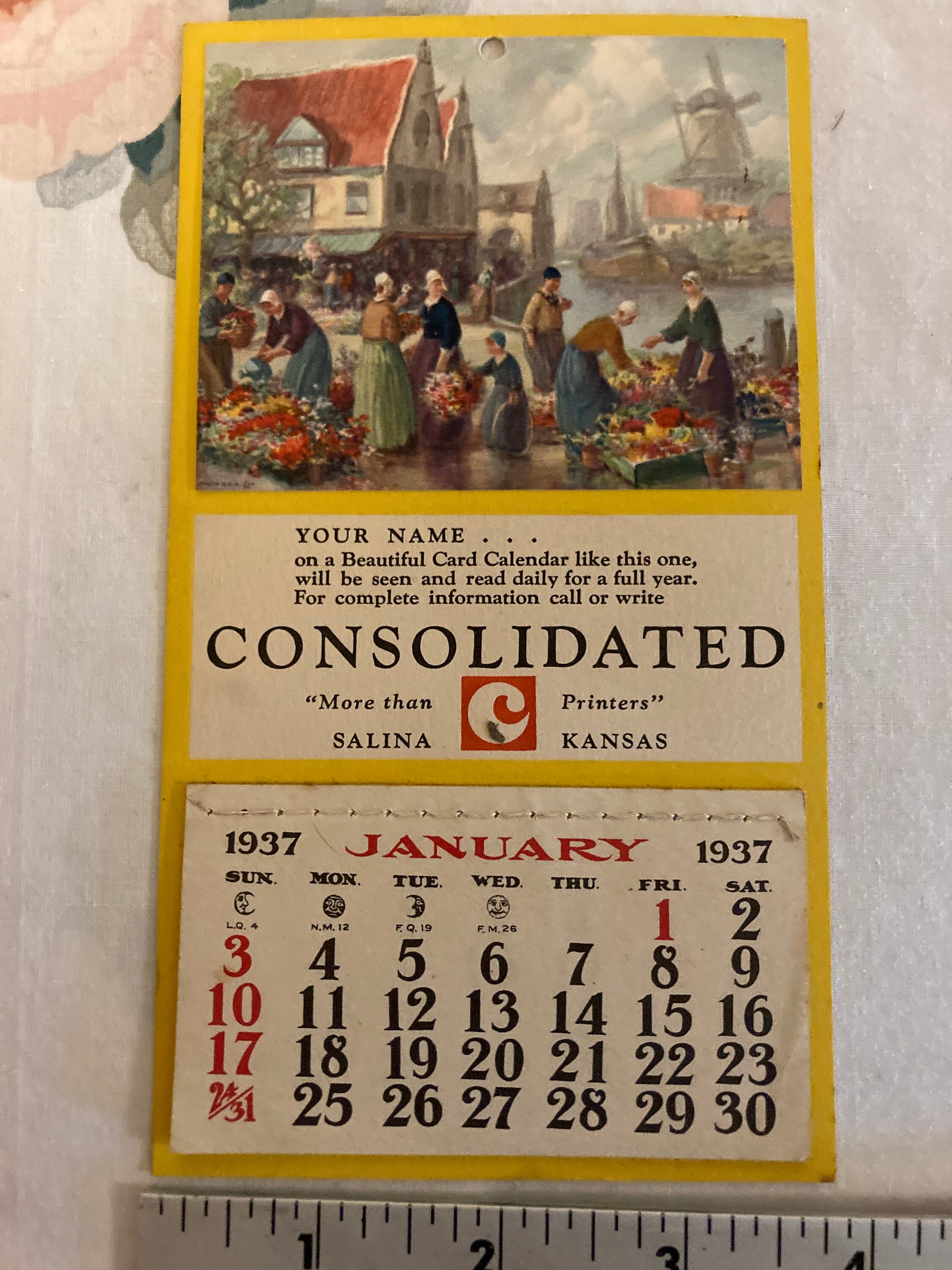 1937 Calendar From Consolidated Printing in Salina Kansas. Complete and ...