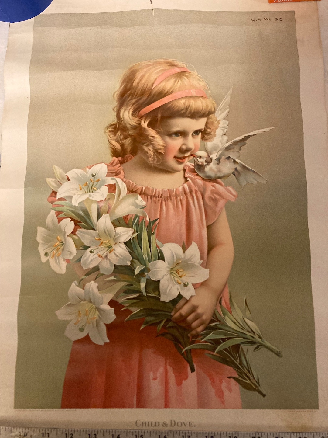 Antique Victorian Lithograph 1898 "child With Dove" Geo. Harris & Sons ...