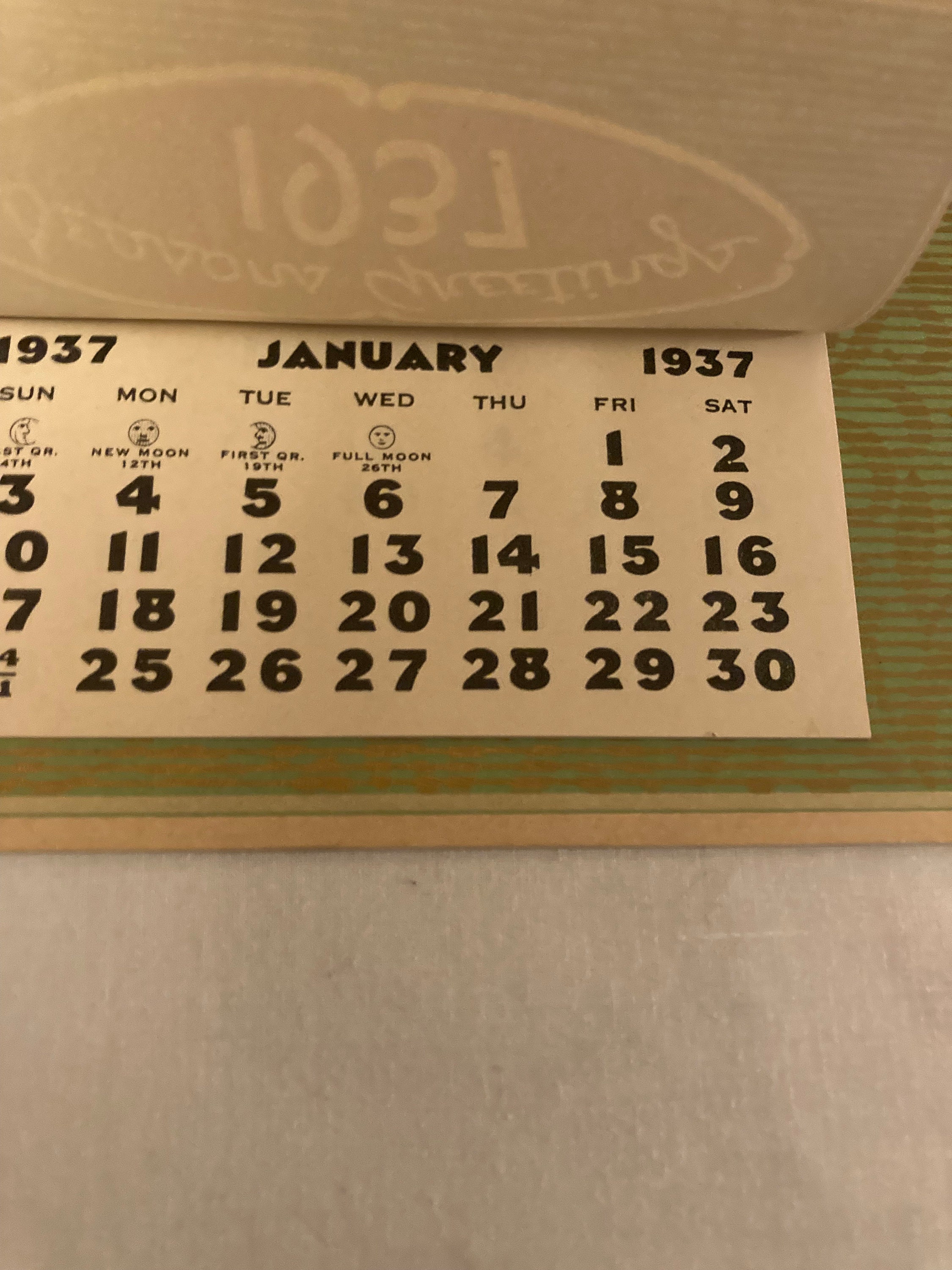 1937 Calendar From Miller Provisions, Salina Kansas, Produced by the ...