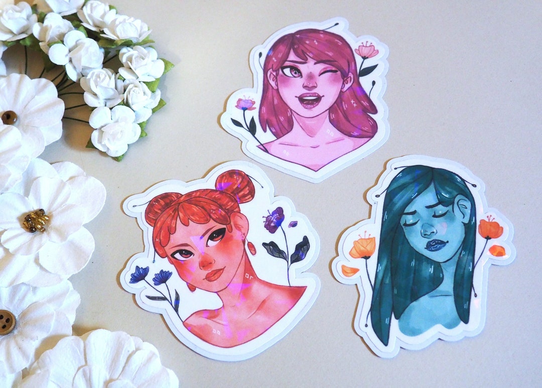 Women Portrait Stickers, Laminated Holographic Die Cut Stickers, Water ...