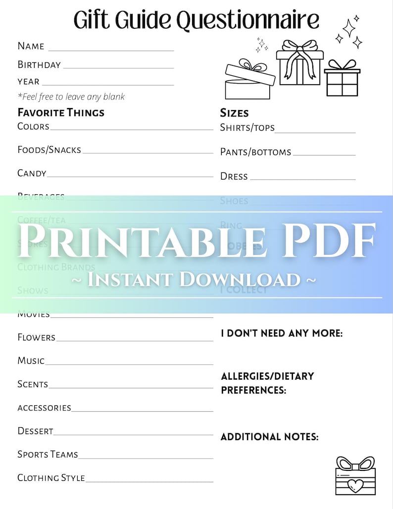 Gift Idea Questionnaire | Printable PDF Planner - Etsy