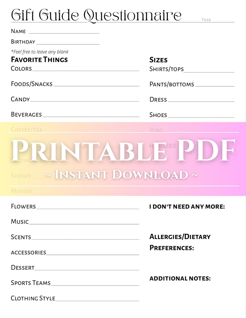 Gift Questionnaire | Gift Idea Poll | Printable PDF - Etsy