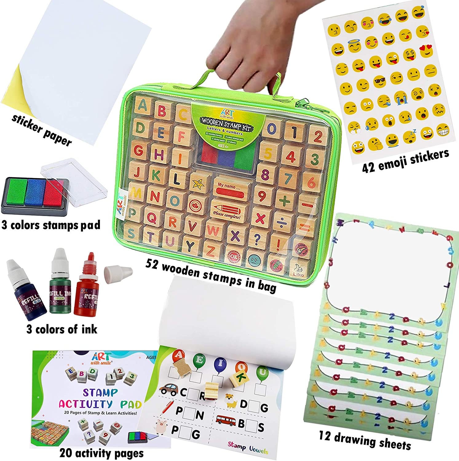 Wooden Stamp Set for Kids With Alphabet Stamps and Carry Case 72 Pcs ...