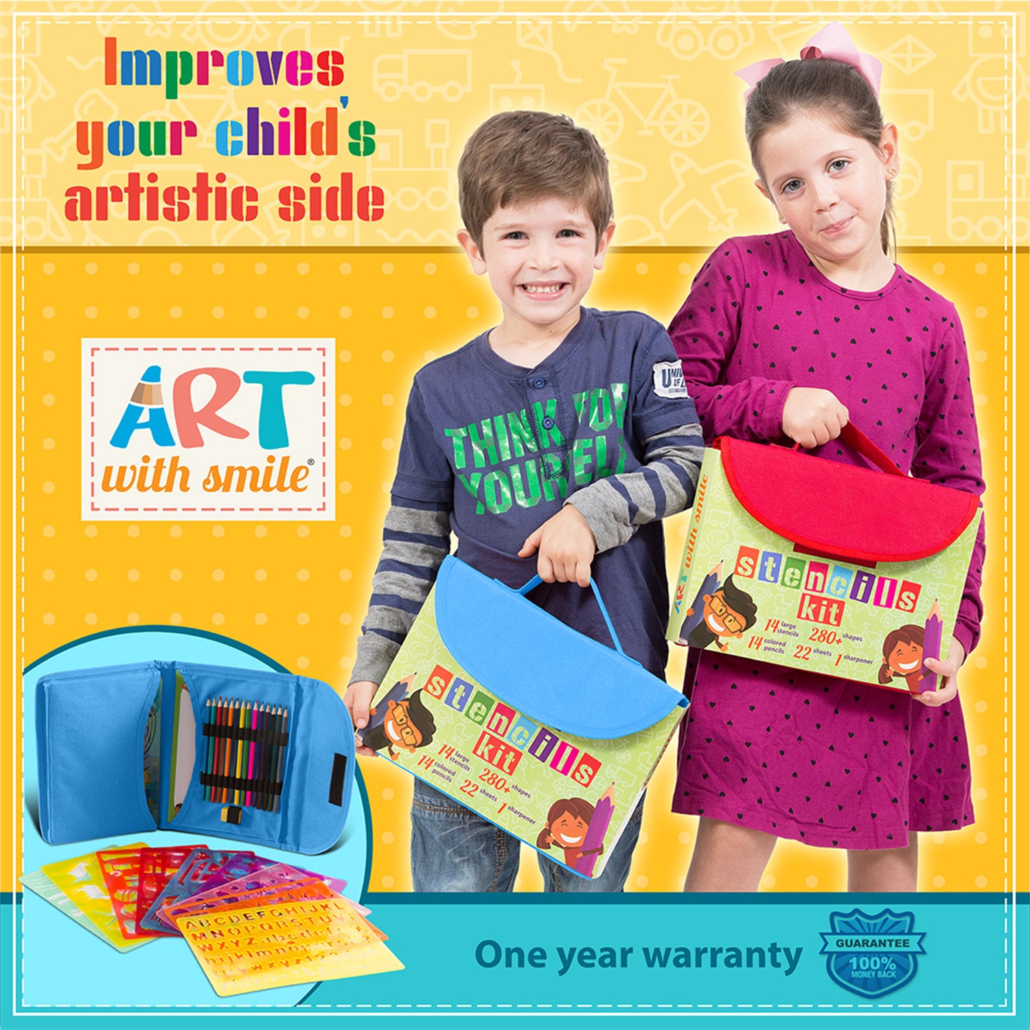 Stencil Drawing Kit for Kids W/ Carry Case - 55 Pcs. W/ 280 Stencil ...