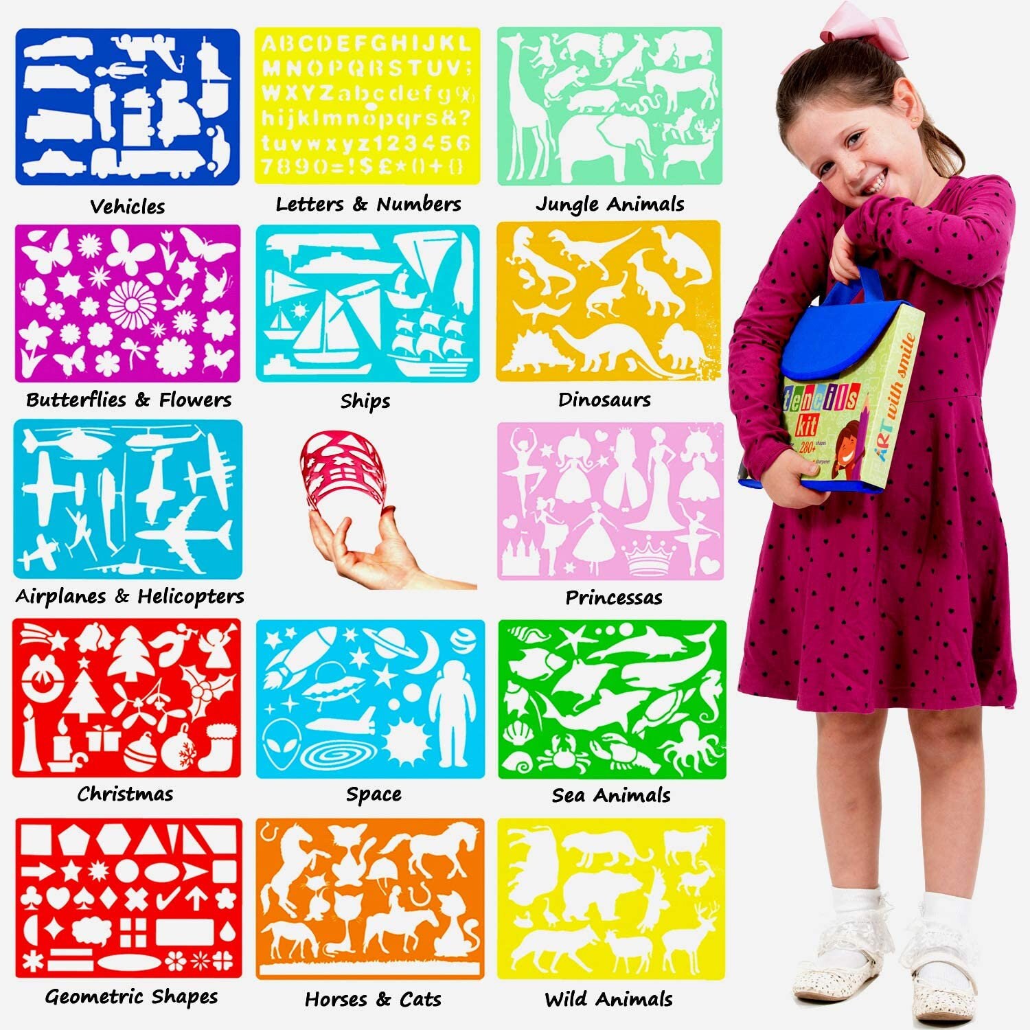 Stencil Drawing Kit for Kids W/ Carry Case 55 Pcs. W/ 280 Stencil ...