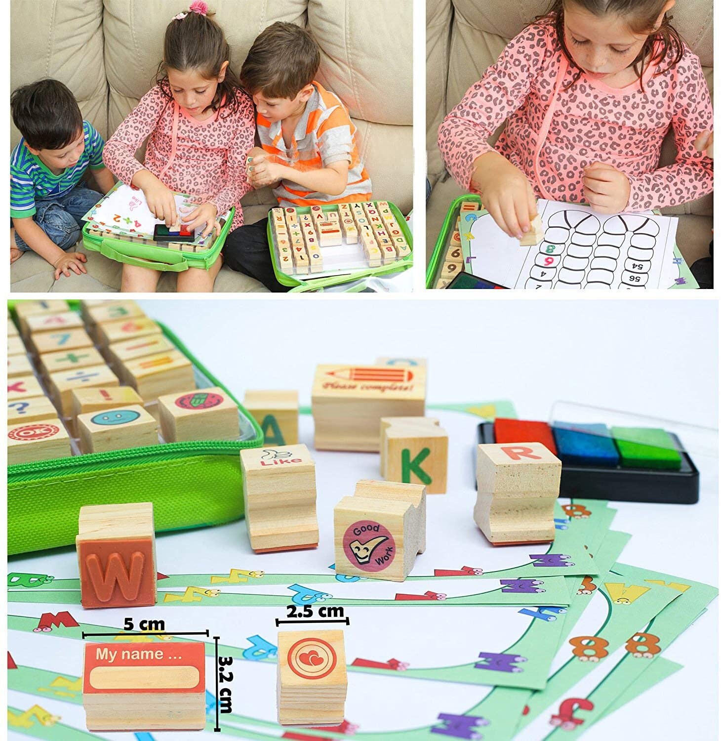 Wooden Stamp Set for Kids With Alphabet Stamps and Carry Case 72 Pcs ...