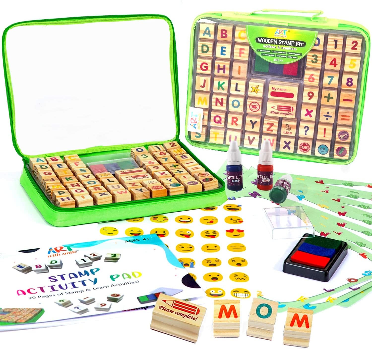 Wooden Stamp Set for Kids With Alphabet Stamps and Carry Case 72 Pcs ...