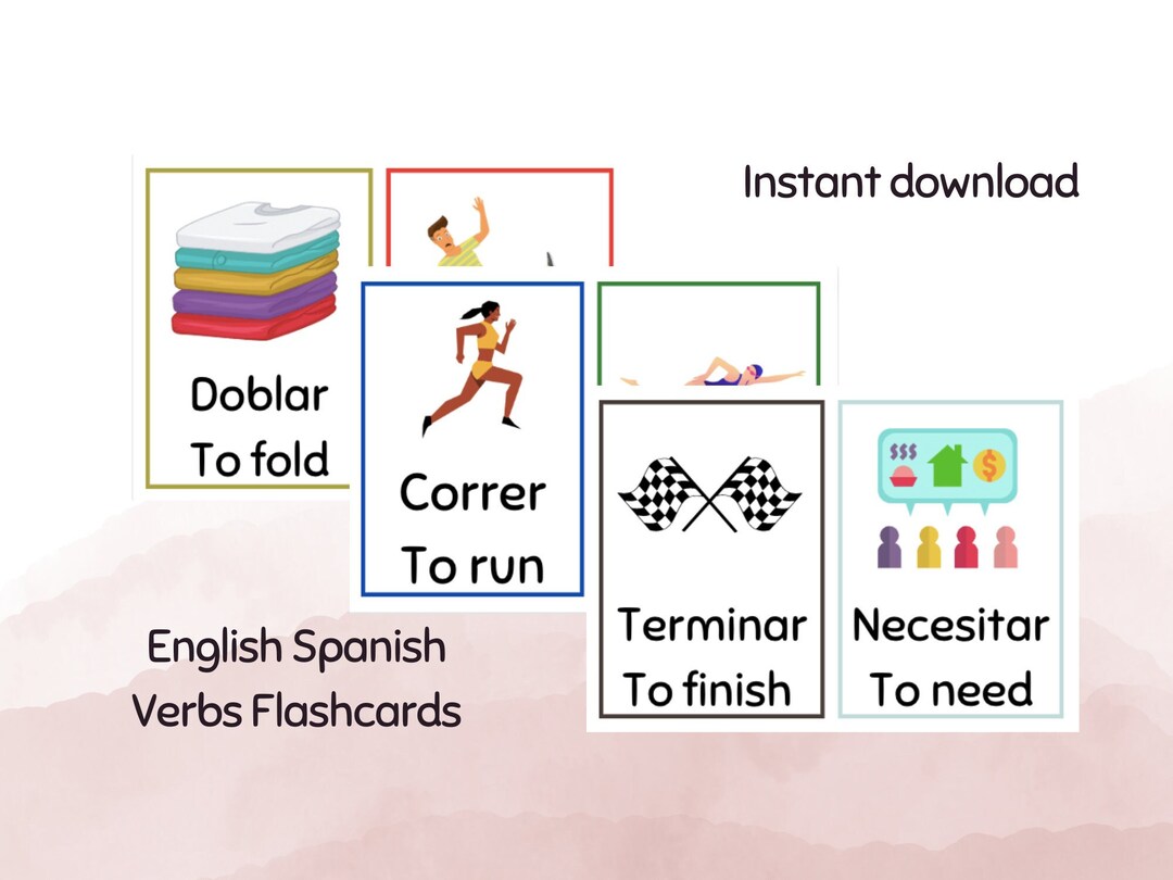 40 Verb Flashcards, Spanish English, Bilingual, PDF Printable, Teach ...