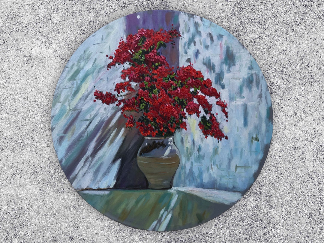 Original Floral Geranium Flower Round Oil Painting Wall Art Impasto Oil ...