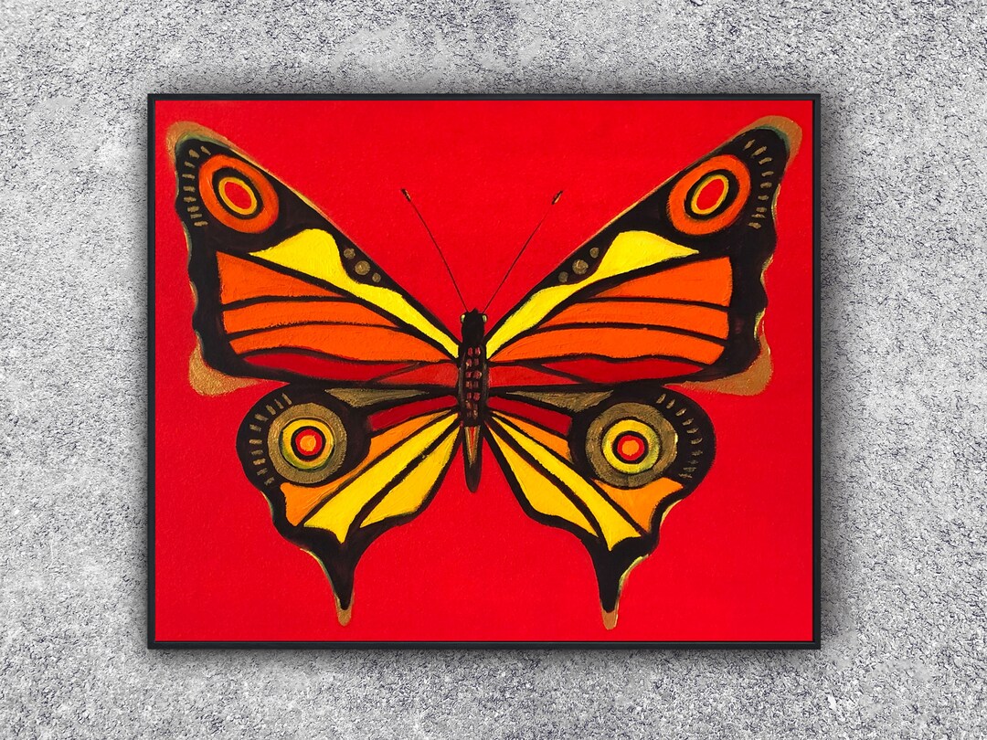 Original Butterfly Red Oil Paintings Art Floral Pretty Butterfly Modern ...