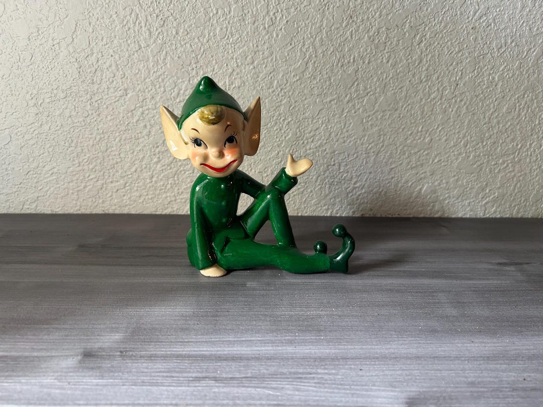 Vintage Large Ceramic Vintage Pixie Elf Figurine, Green Elf Pixie ...