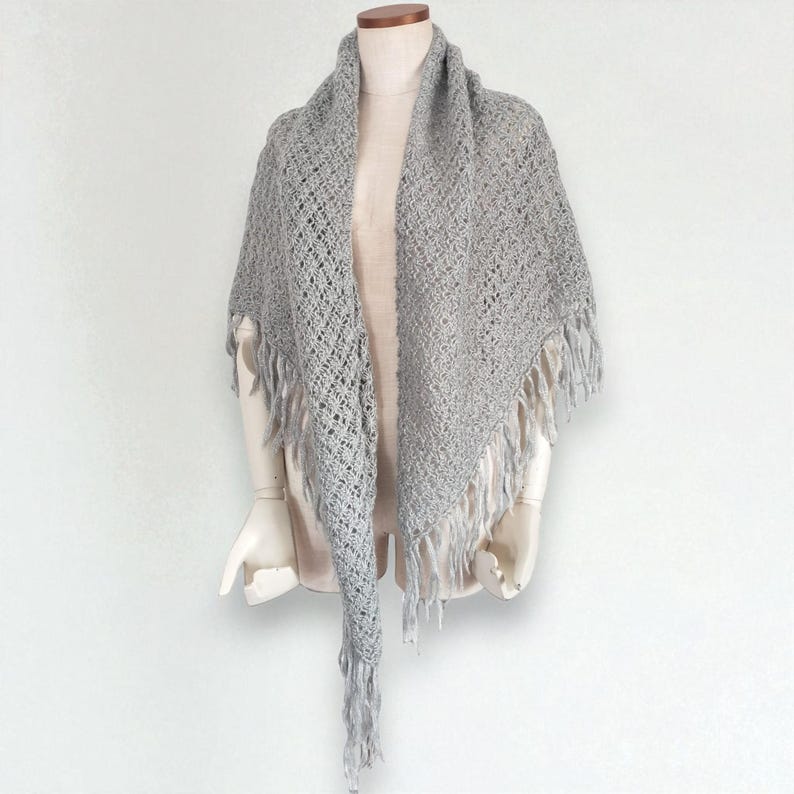 Hand Crochet Gray Triangle Tasseled Puffy Shawl Glittering Soft Light ...