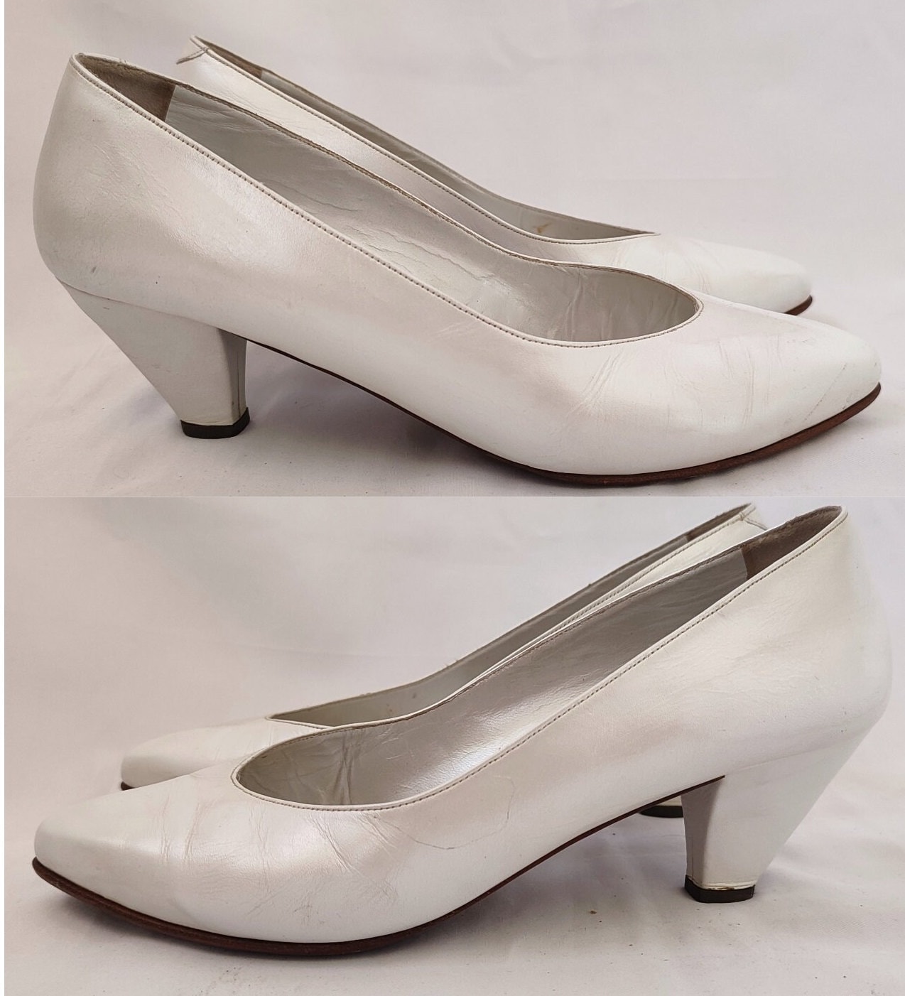 80's Vintage Pearl White Leather Kitten Heel Pumps Pointed Toe Classic ...