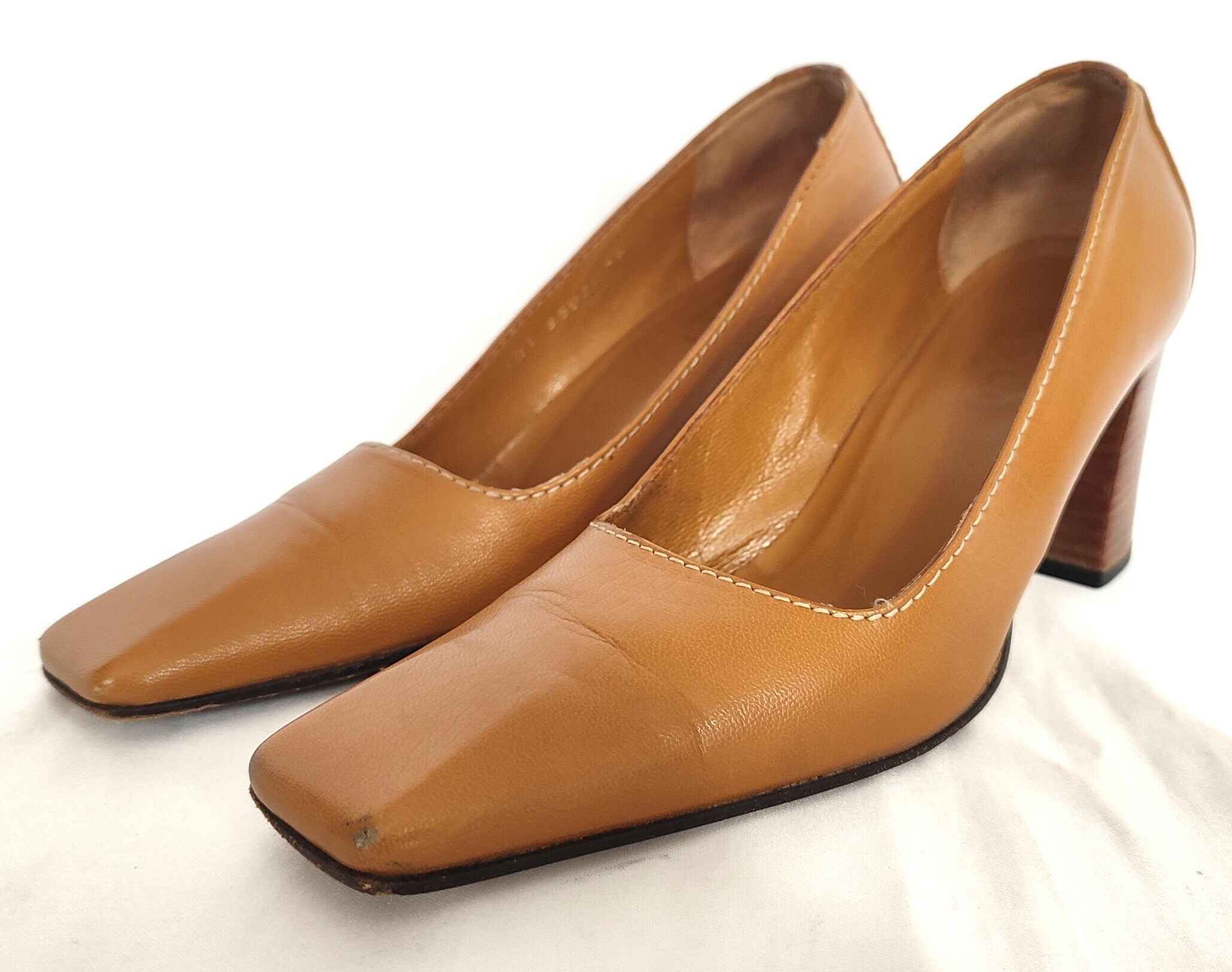 GUCCI Authentic Tan Leather Pumps Square Toe Chunky Block - Etsy
