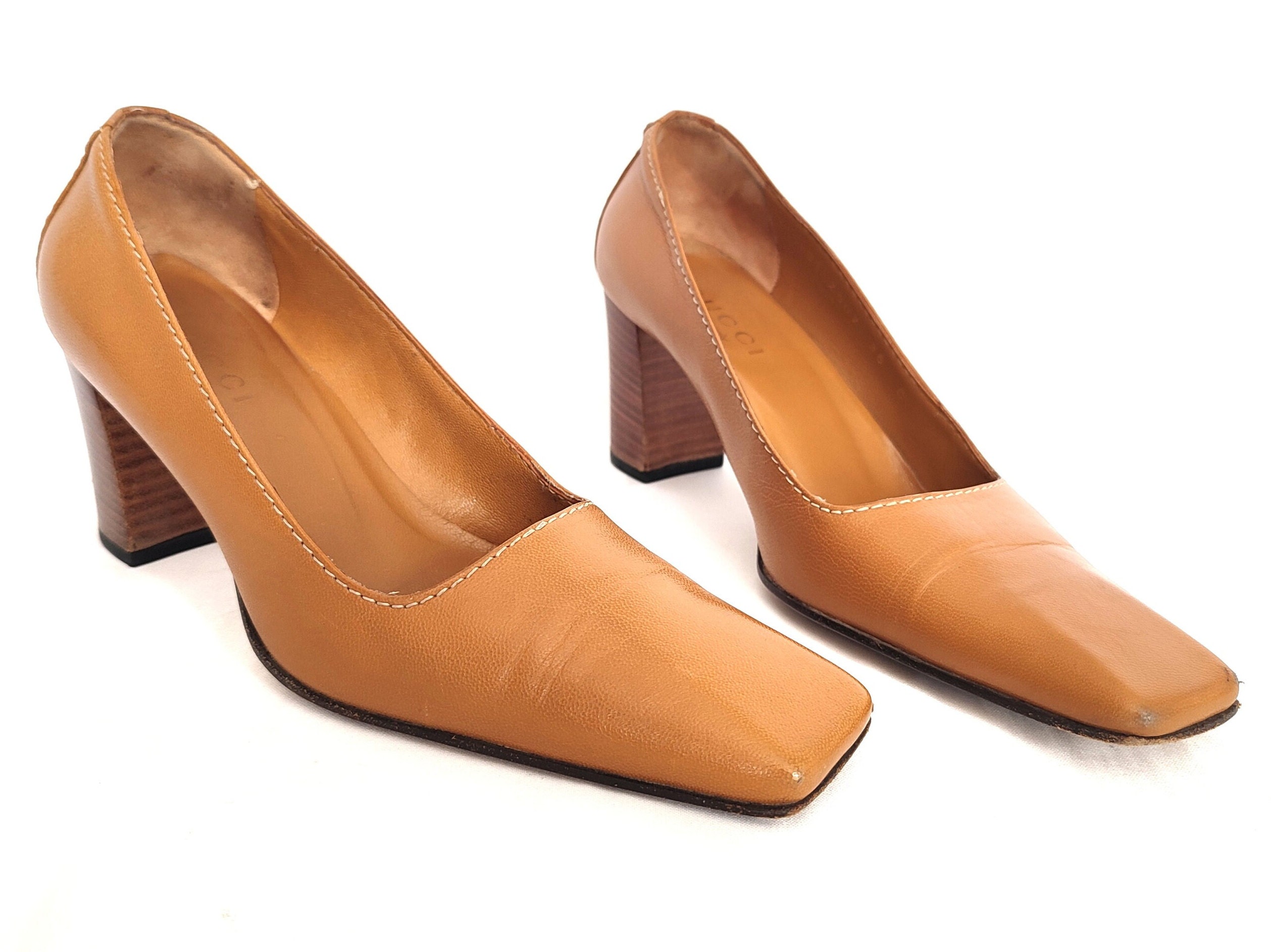 GUCCI Authentic Tan Leather Pumps, Square Toe Chunky Block Heel Classic ...
