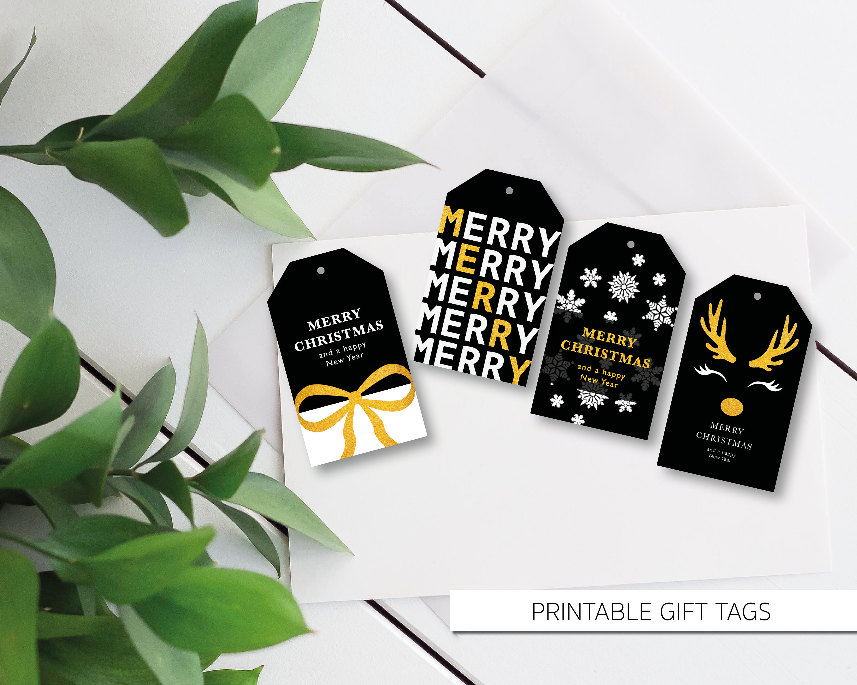 10 Printable Christmas Gift Tags Black Gold | Set of 10 Holiday Gift ...