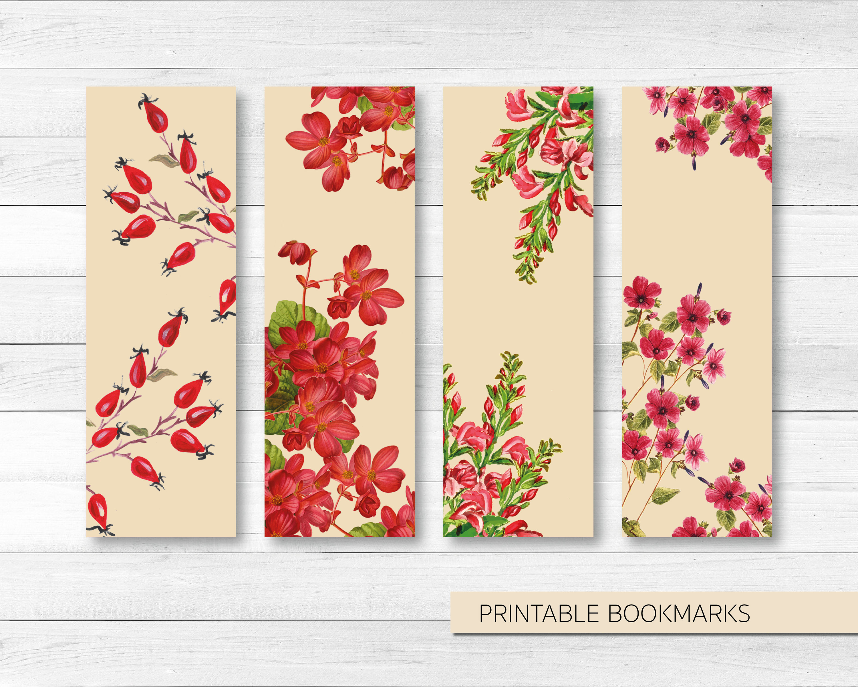4 Printable Flower Bookmarks Red | Set of 4 Flower Bookmarks | Plant ...